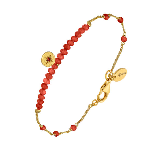 Collier Chaîne Argent Doré Avec Perles D'onyx Rouge Et Pampille