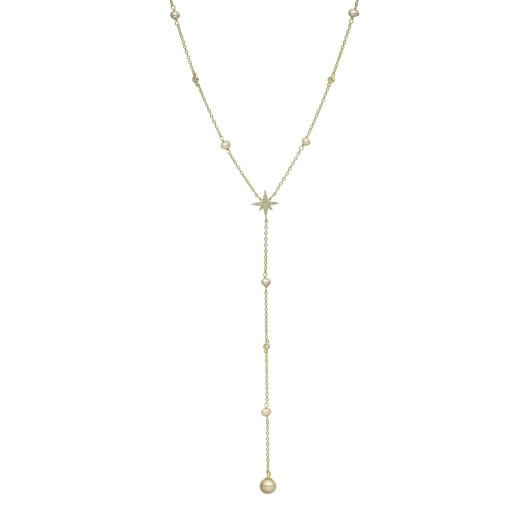 Collier Argent Doré étoile Et Perles Naturelles Blanches Cravate