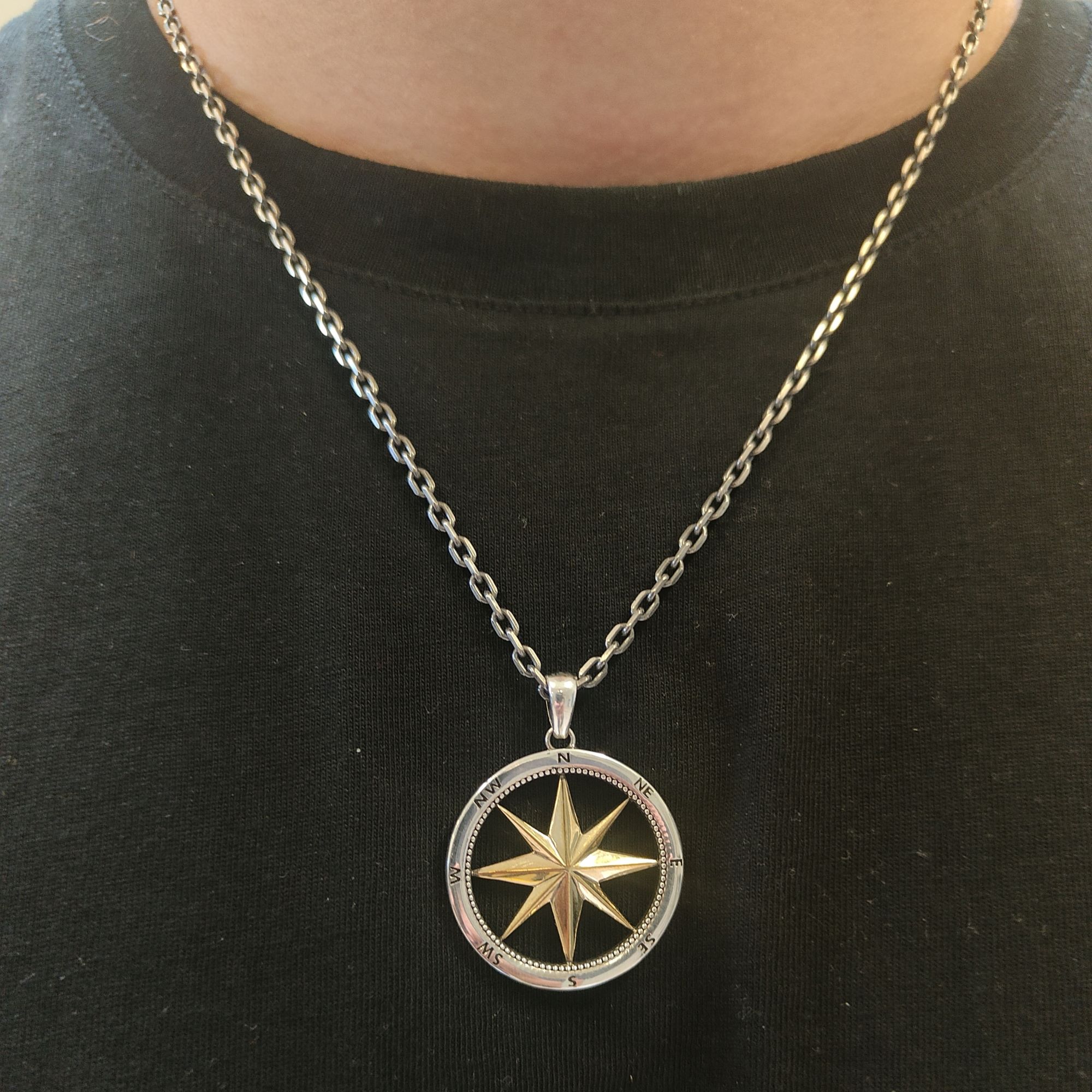 Collier Pendentif Homme Rose Des Vents Argent Et Bronze Et Chaine ...